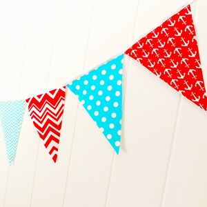 Nautical Party Banner, Bunting, Fabric Pennant Flags, Aqua Blue, Red ...