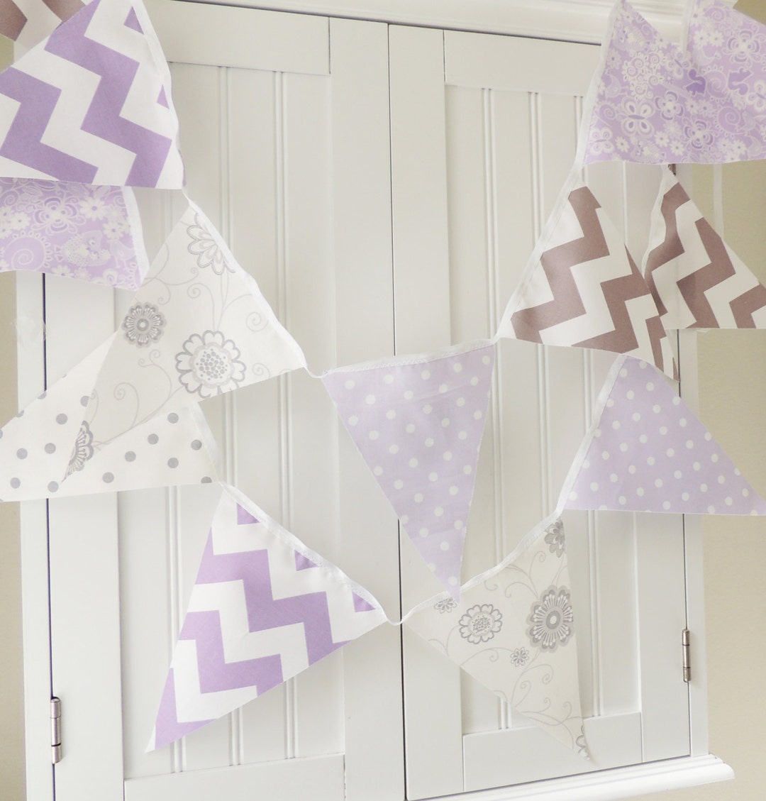 Banner Bunting, Fabric Pennant Cotton Flags, Lavender Purple, Grey ...