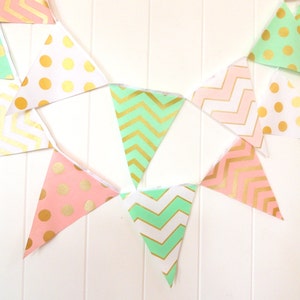 Metallic Gold, Pink, Mint, Fabric Banner Bunting, Pennant Flags ...