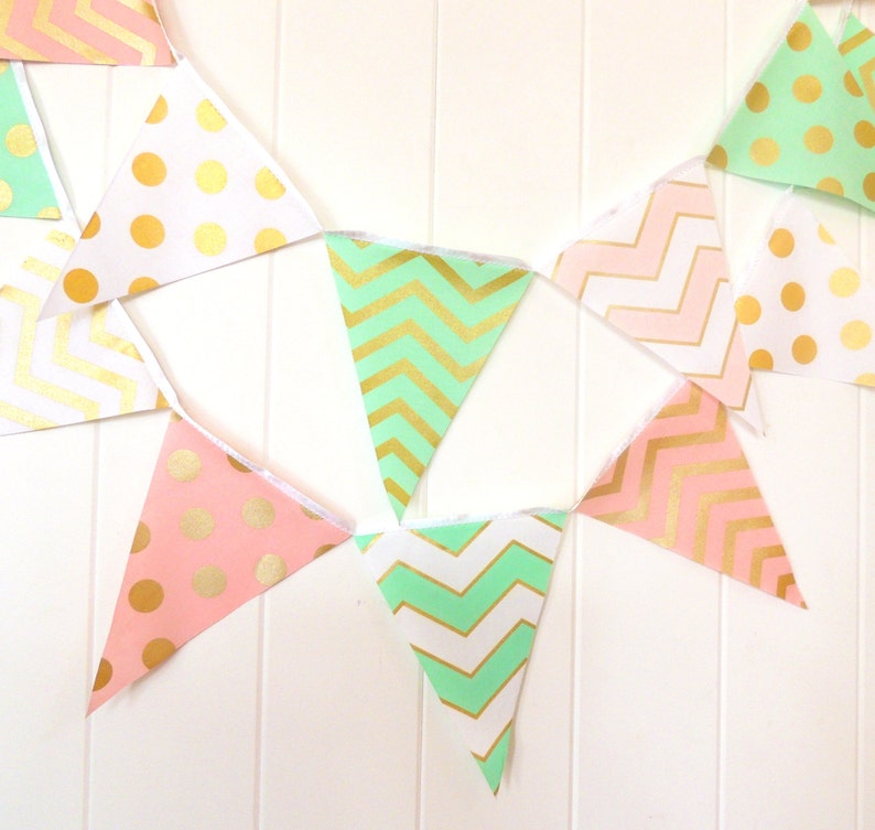 Metallic Gold Pink Mint Fabric Banner Bunting Pennant | Etsy