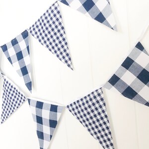 Navy Gingham Banner Bunting, Fabric Pennant Garland Flags, Baby Shower ...