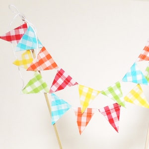 Gingham Cake Topper Birthday Party Banner, Mini Bunting, Red, Orange ...