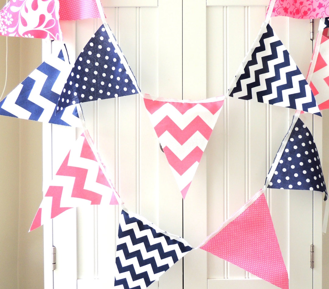 Banner, Bunting Pennant Fabric Flags, Navy Blue, Pink Polka Dot ...