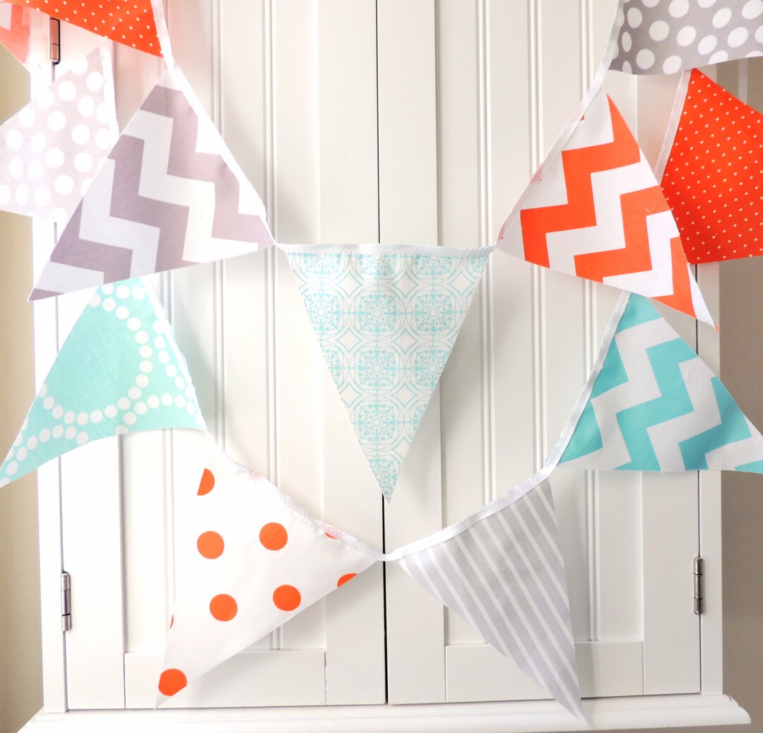 Baby Shower Banner, Bunting, Pennant Fabric Flags, Orange, Aqua, Grey ...