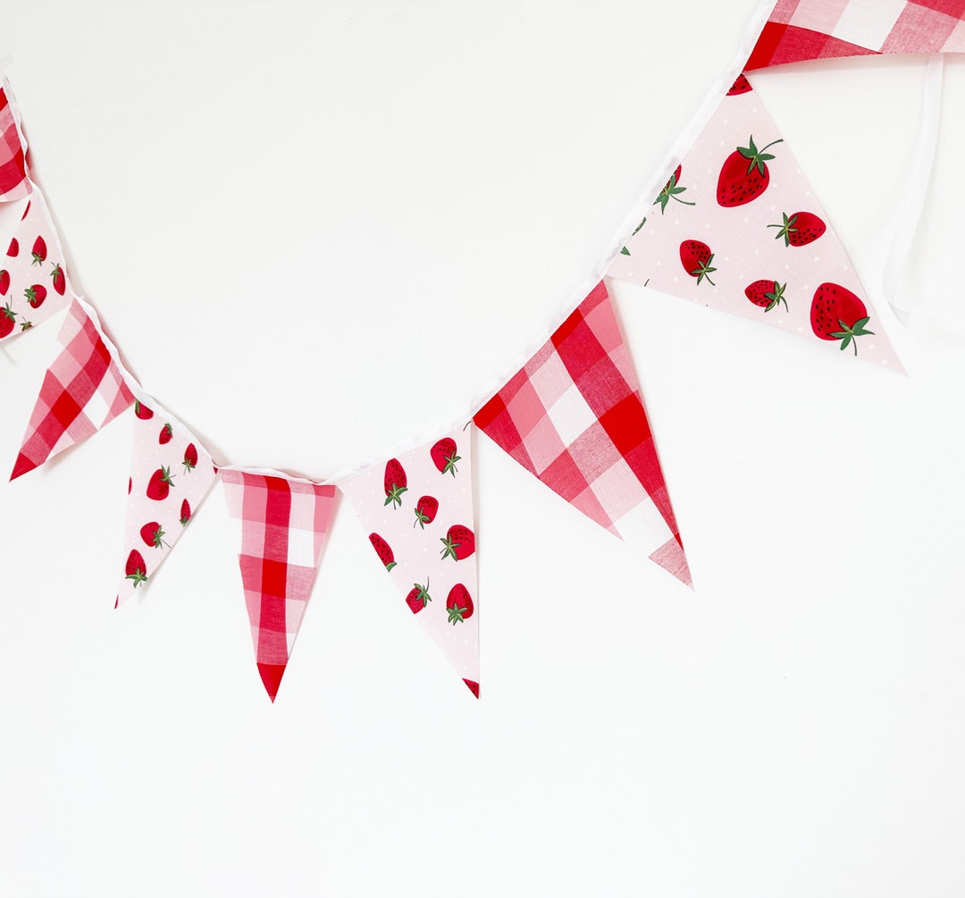 Strawberry Gingham Party Banner, Bunting, Pennant Flags, Strawberries ...