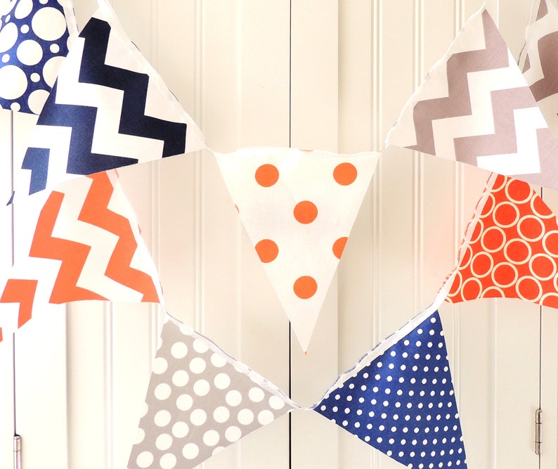 Banner Bunting Fabric Pennant Flags Orange Grey Navy | Etsy