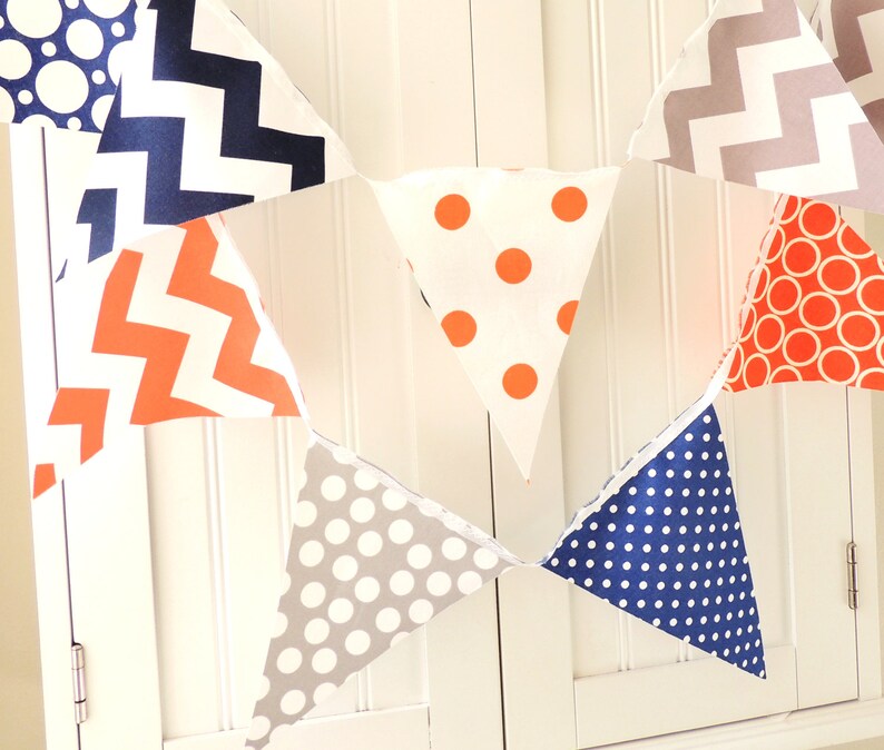 Banner, Bunting, Fabric Pennant Flags, Orange, Grey, Navy, Chevron ...