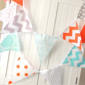 Baby Shower Banner, Bunting, Pennant Fabric Flags, Orange, Aqua, Grey ...
