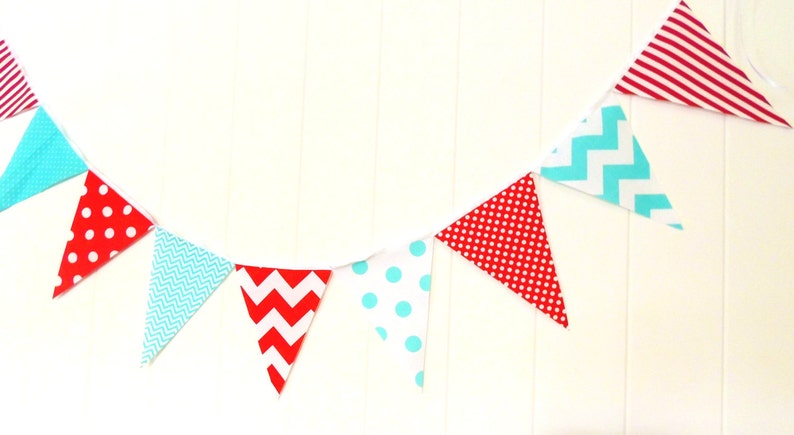 Party Banner, Bunting, Fabric Pennant Flags, Aqua Blue, Red, White ...