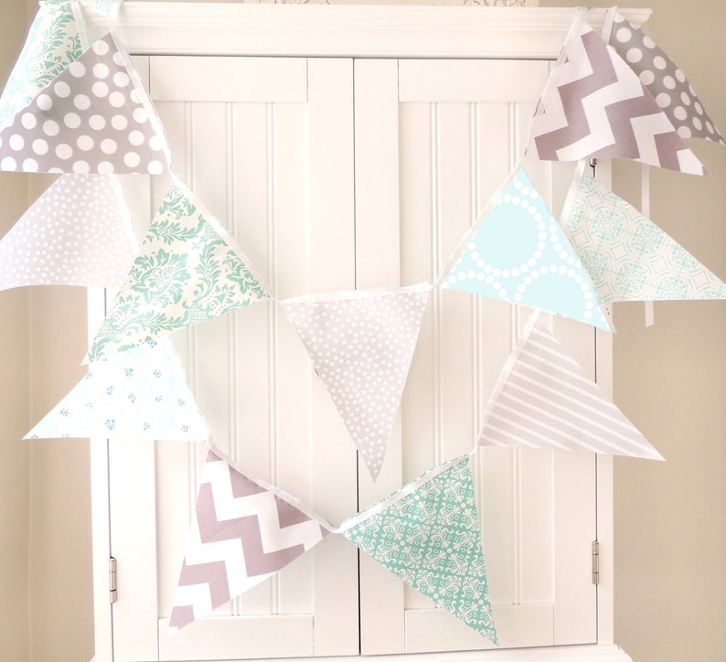 Bunting Banner Garland, Fabric Flags Light Blue, Aqua, Grey, Chevron ...