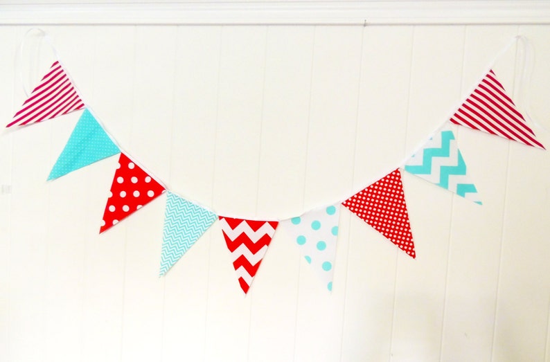 Party Banner Bunting Fabric Pennant Flags Aqua Blue Red | Etsy