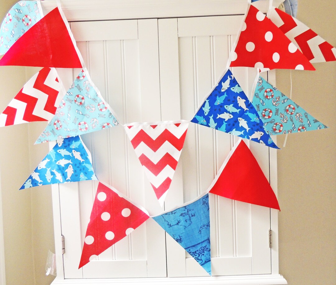Banner, Bunting, Nautical Fabric Pennant Flags, Royal Blue Shark ...