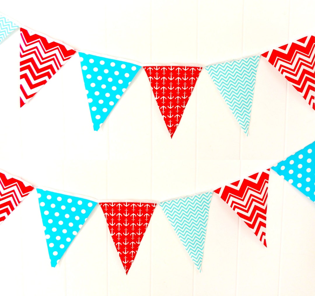 Nautical Party Banner, Bunting, Fabric Pennant Flags, Aqua Blue, Red ...