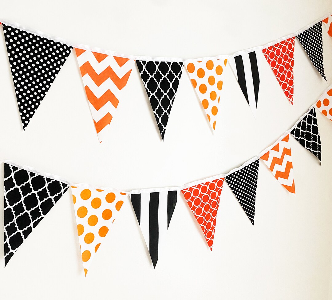 Banner Bunting, Fabric Pennant Flags, Orange, Black, Chevron, Polka Dot ...