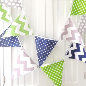 Bunting, Banner, Fabric Pennant Flags, Green, Navy Blue, Grey, Polka ...