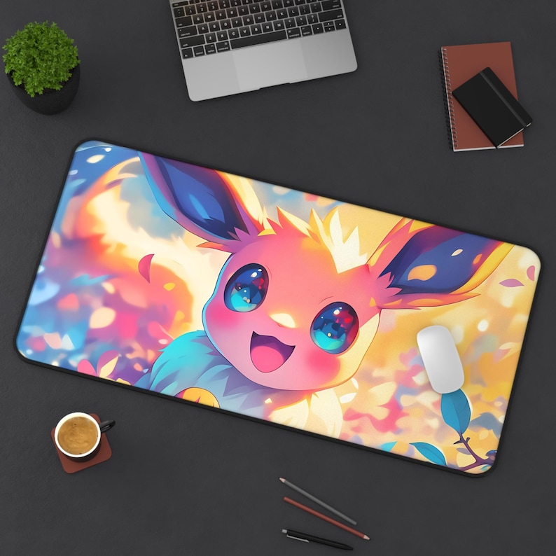 Adorable Eevee Desk Mat, Kawaii Vibrant Desk Decor, Mouse Pad, Desk ...