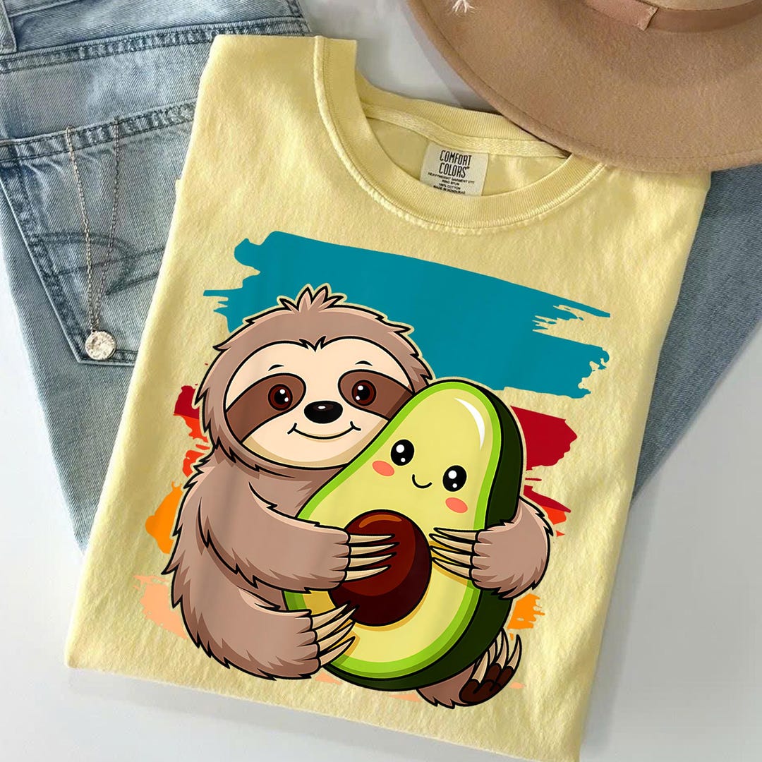 Cute Sloth Hugging Avocado Shirt – Kawaii Animal Graphic Tee With Retro ...