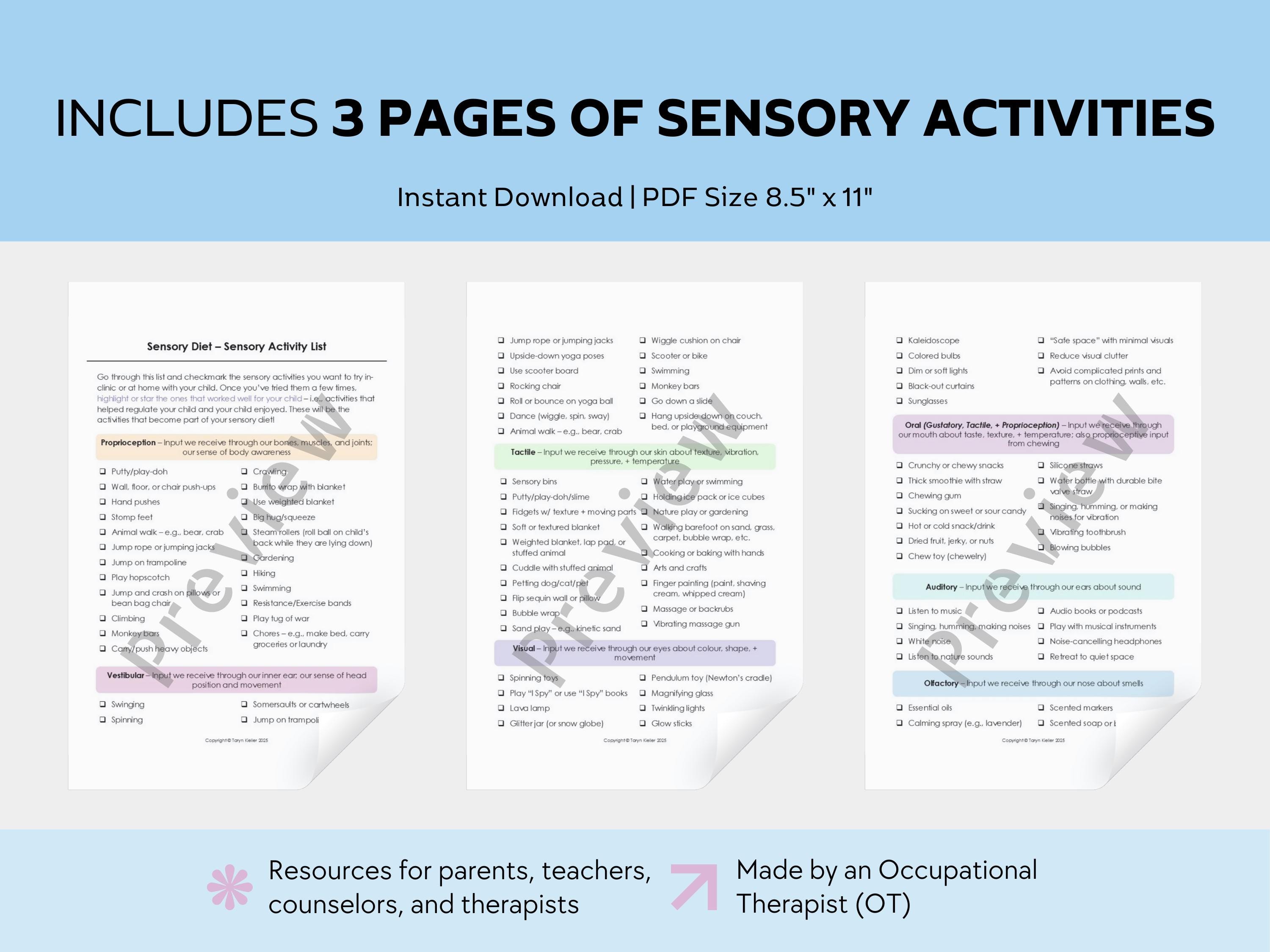 Sensory Diet Handout: Autism, ADHD, Occupational Therapy (PDF Download ...