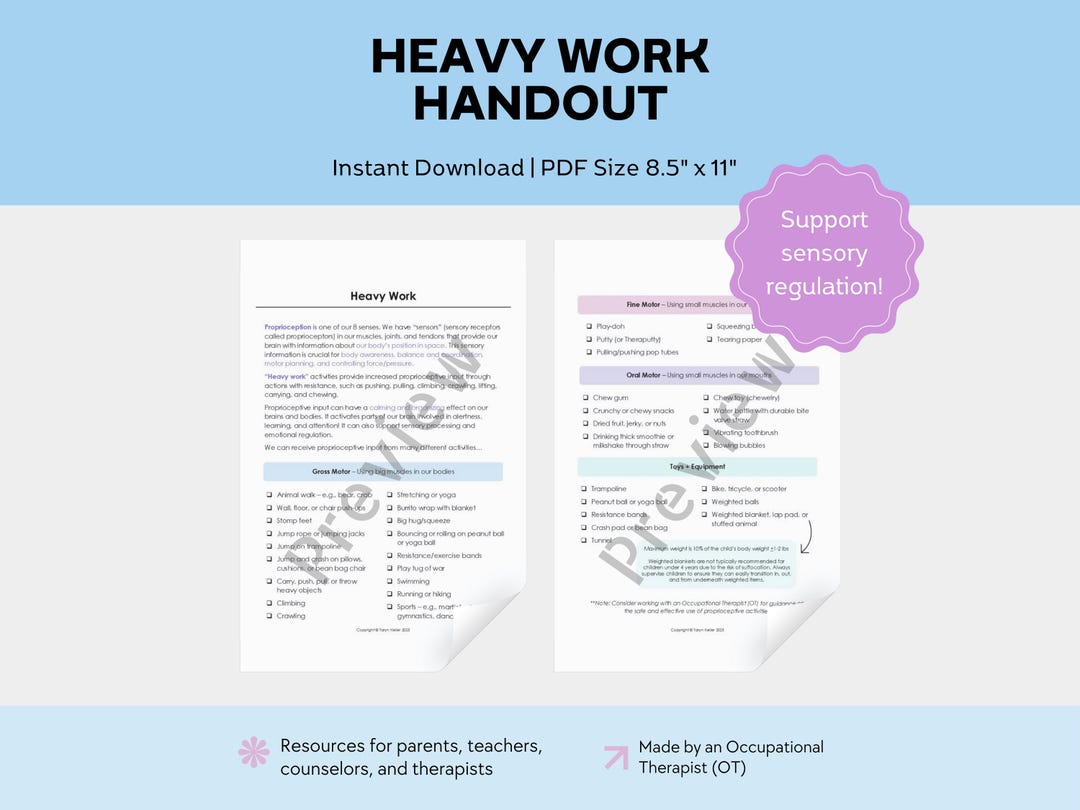 Heavy Work Handout | Occupational Therapy, Kids, Teens, Teacher, School ...