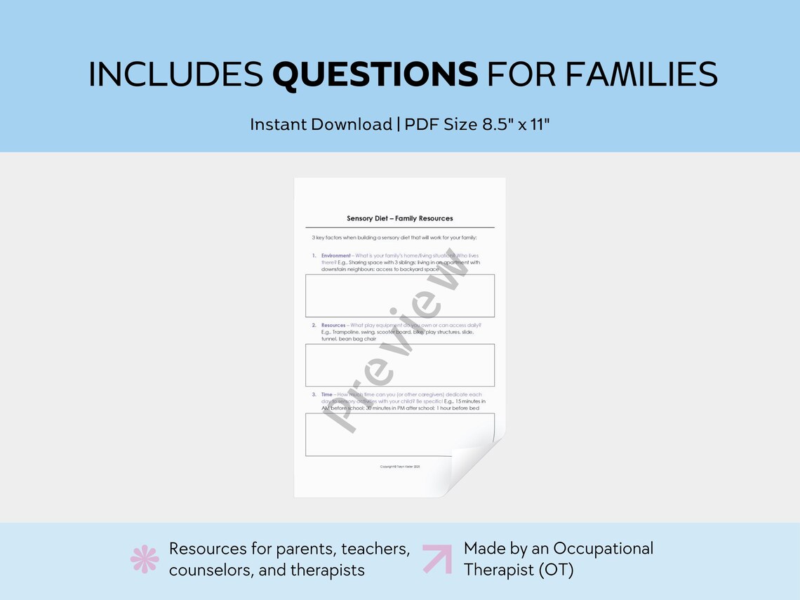 Sensory Diet Handout: Autism, ADHD, Occupational Therapy (PDF Download ...