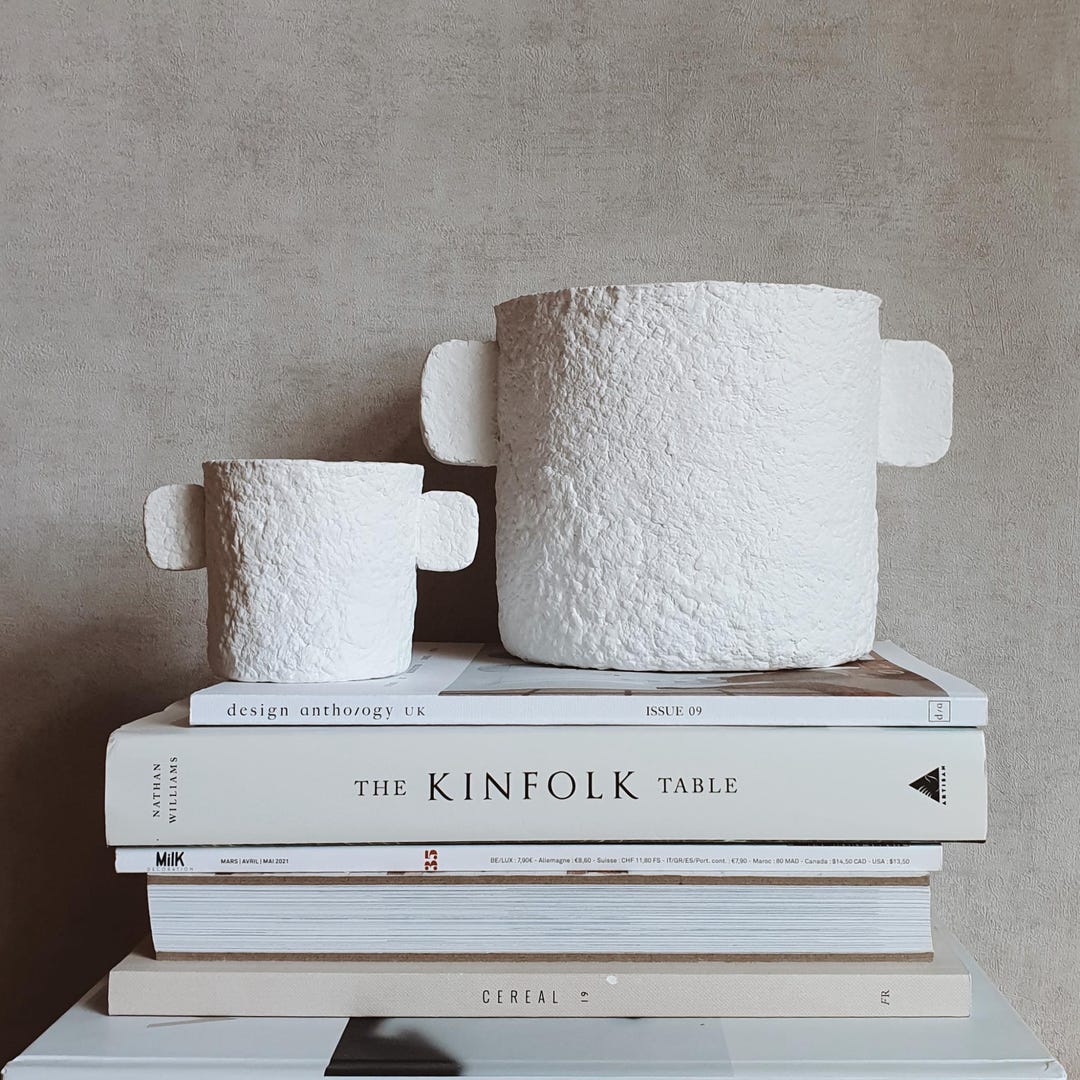 White Textured Paper Mache Pot With Handles. - Etsy