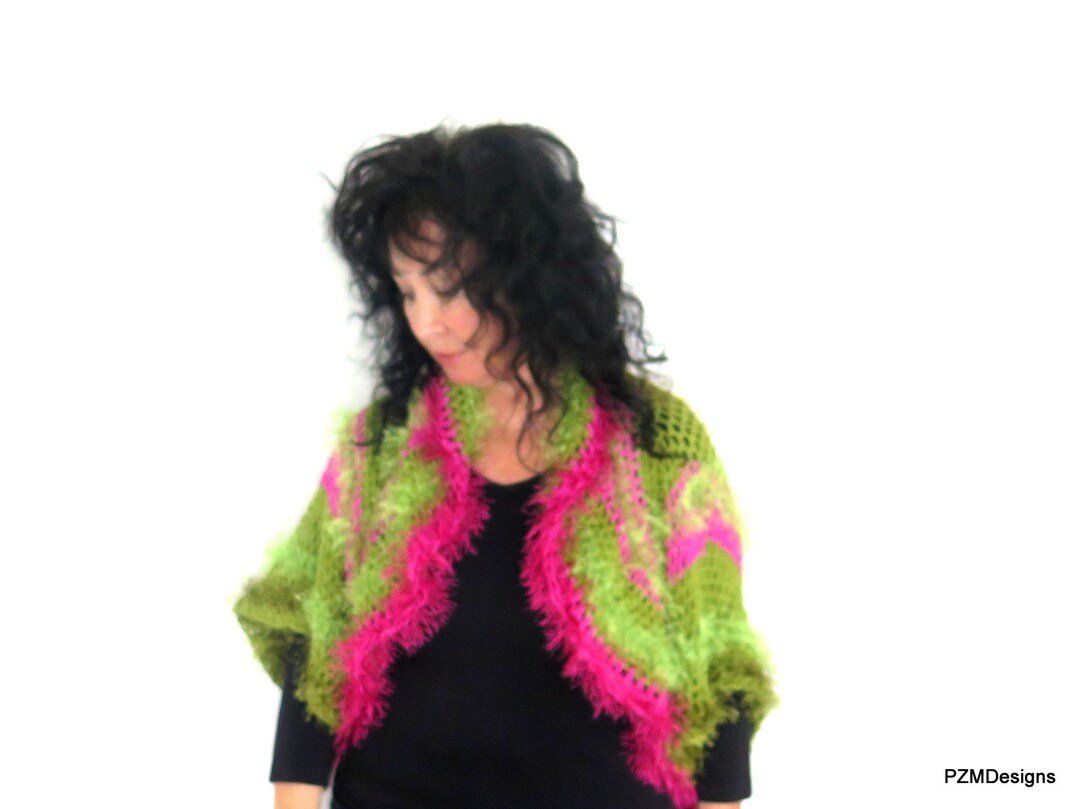 Crochet Circle Shrug: Green & Pink Eyelash Yarn Jacket - Etsy