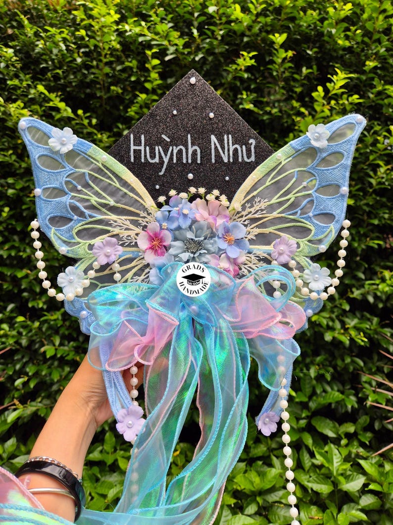 Custom Butterfly Wings Graduation Cap Topper With Pastel Flowers ...