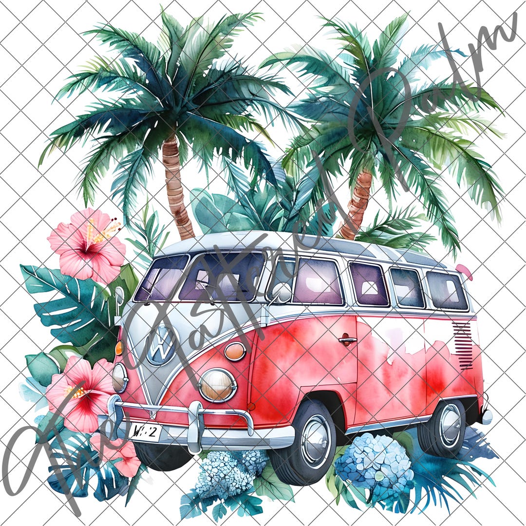 Vintage Surf Bus Van Beach Ocean Tropical Flowers High Quality PNG ...