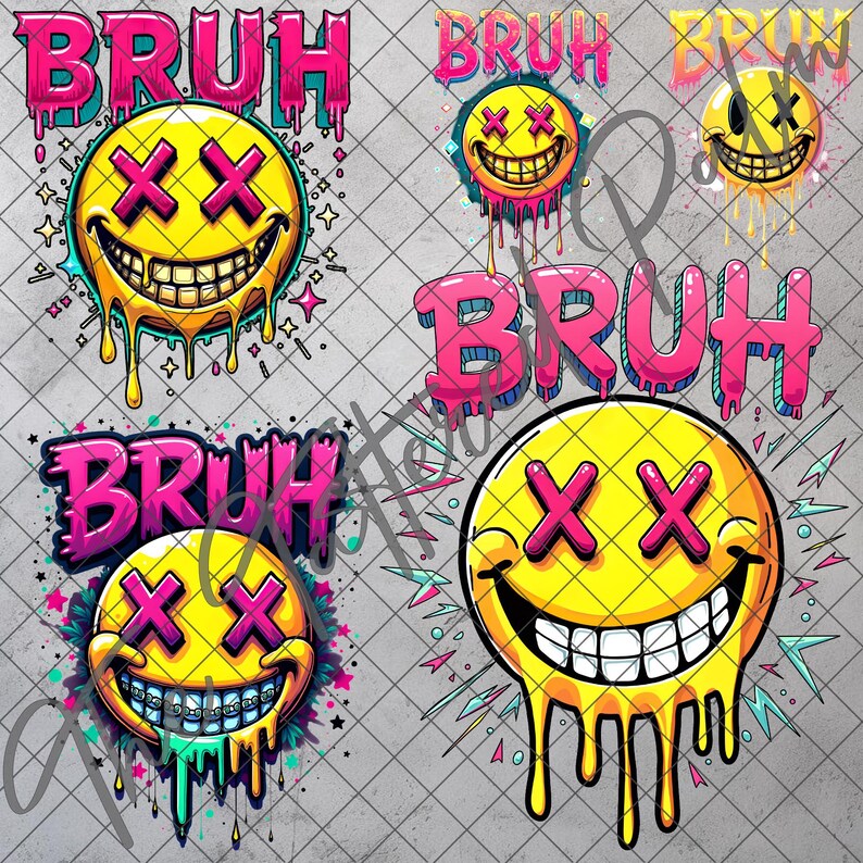 Drippy Smiley Face PNG Bundle, BRUH Streetwear Clipart Digital Download ...