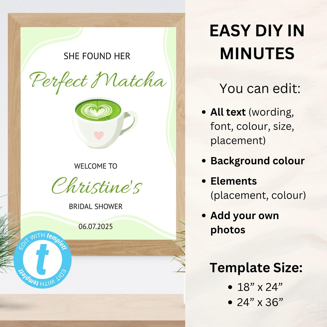 Editable Matcha Bridal Shower Welcome Sign: Latte Bar Tea Party Decor ...