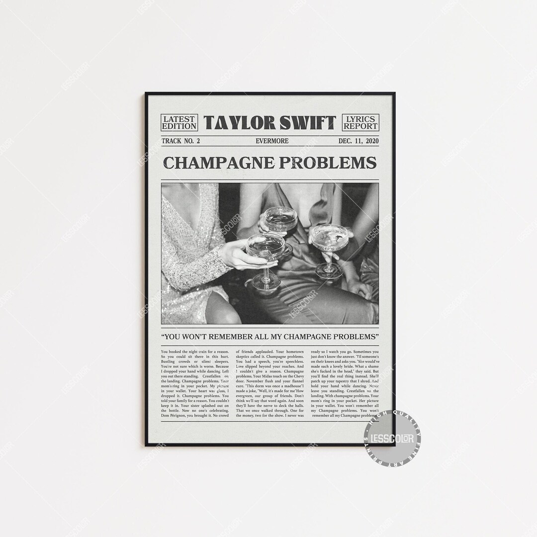 Taylor Swift Retro Newspaper Print, Champagne Problems Poster, Lyrics ...