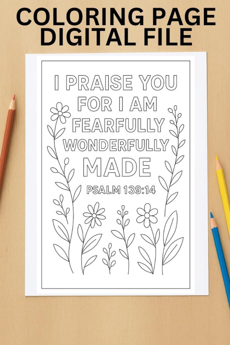 Christian Coloring Page Bible Verse Psalm 139:14 Activity Page ...