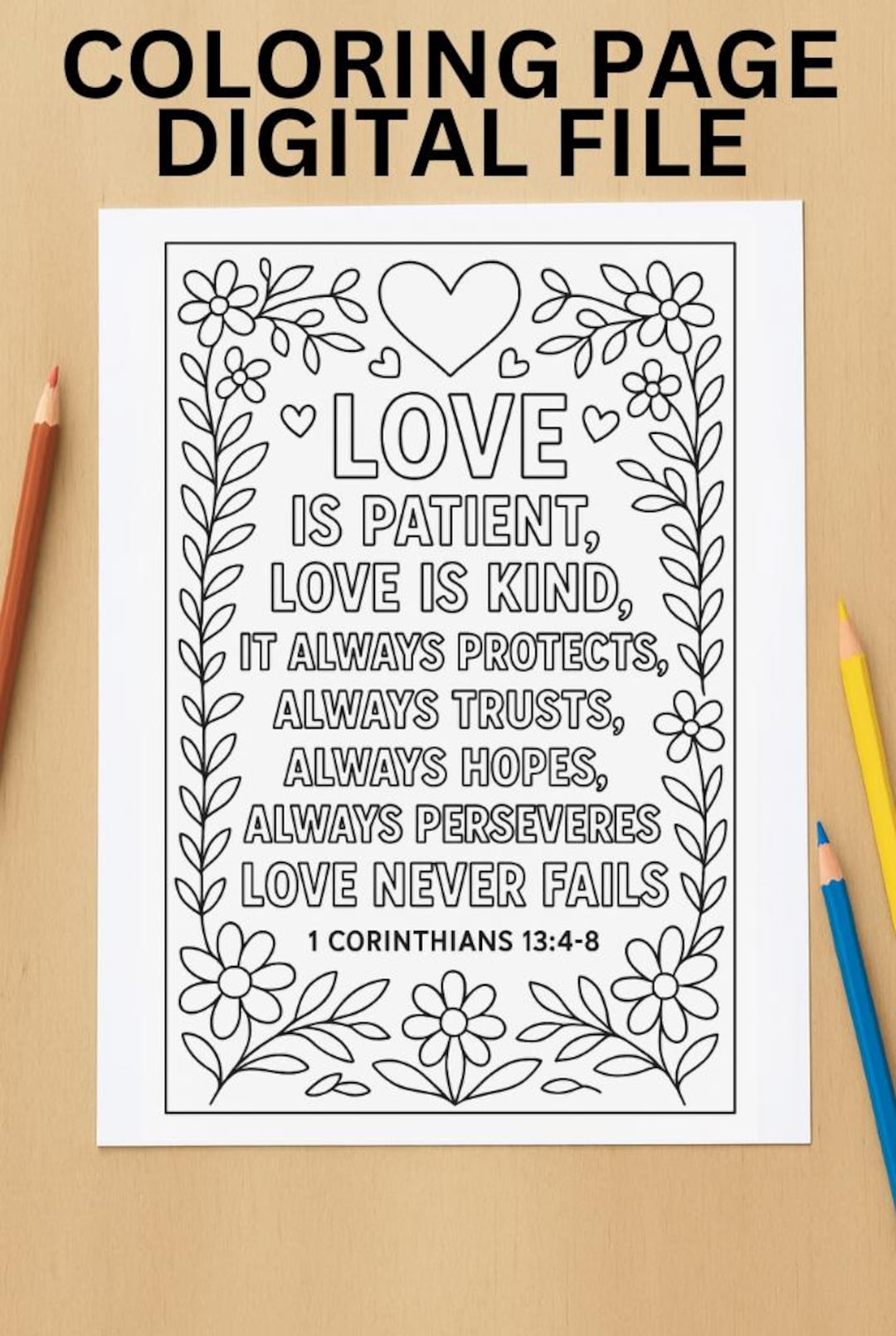 Christian Coloring Page Bible Verse 1 Corinthians 13:4-8 Activity Page ...