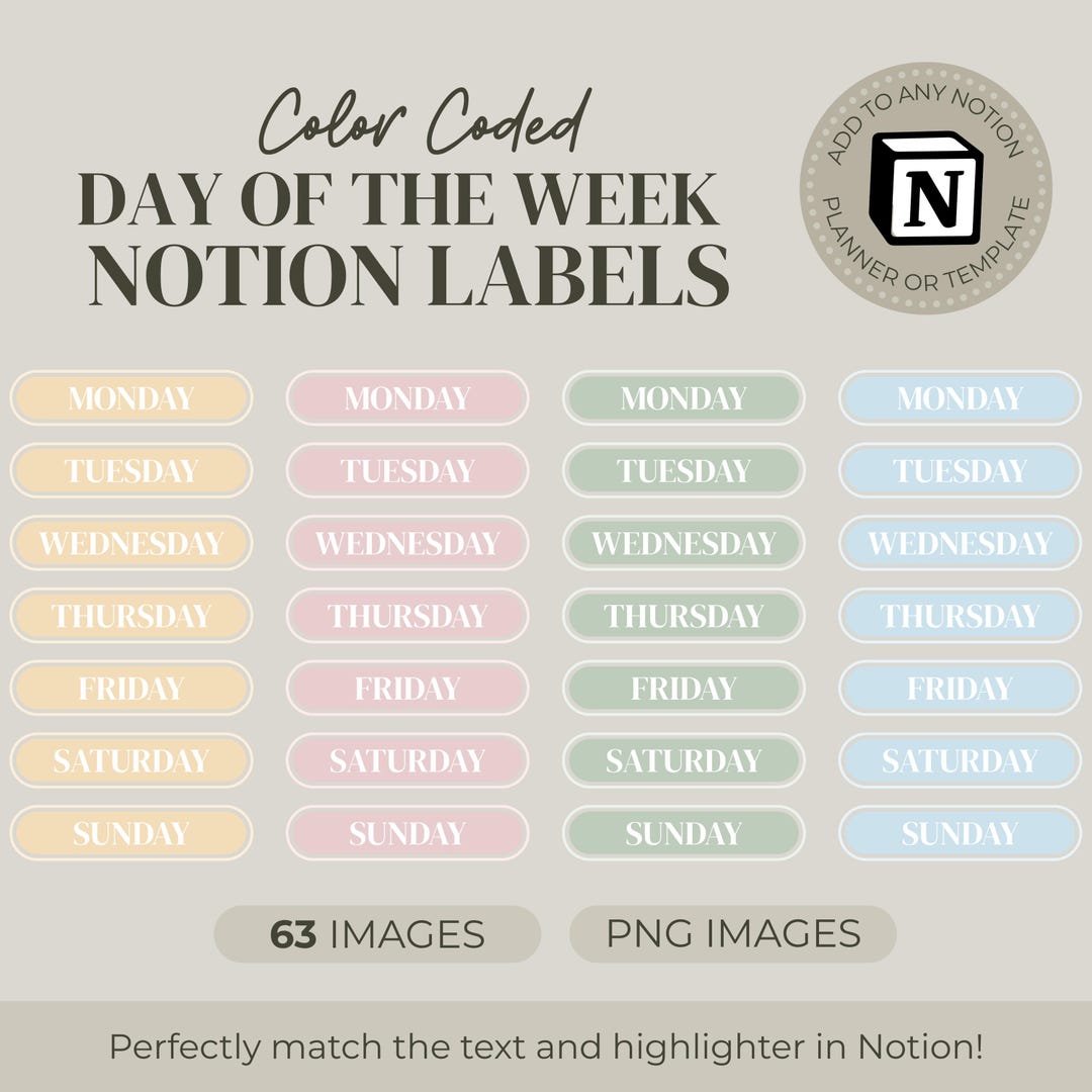 Color Coded Day of Week Notion Labels Bundle| Icons and Headers ...