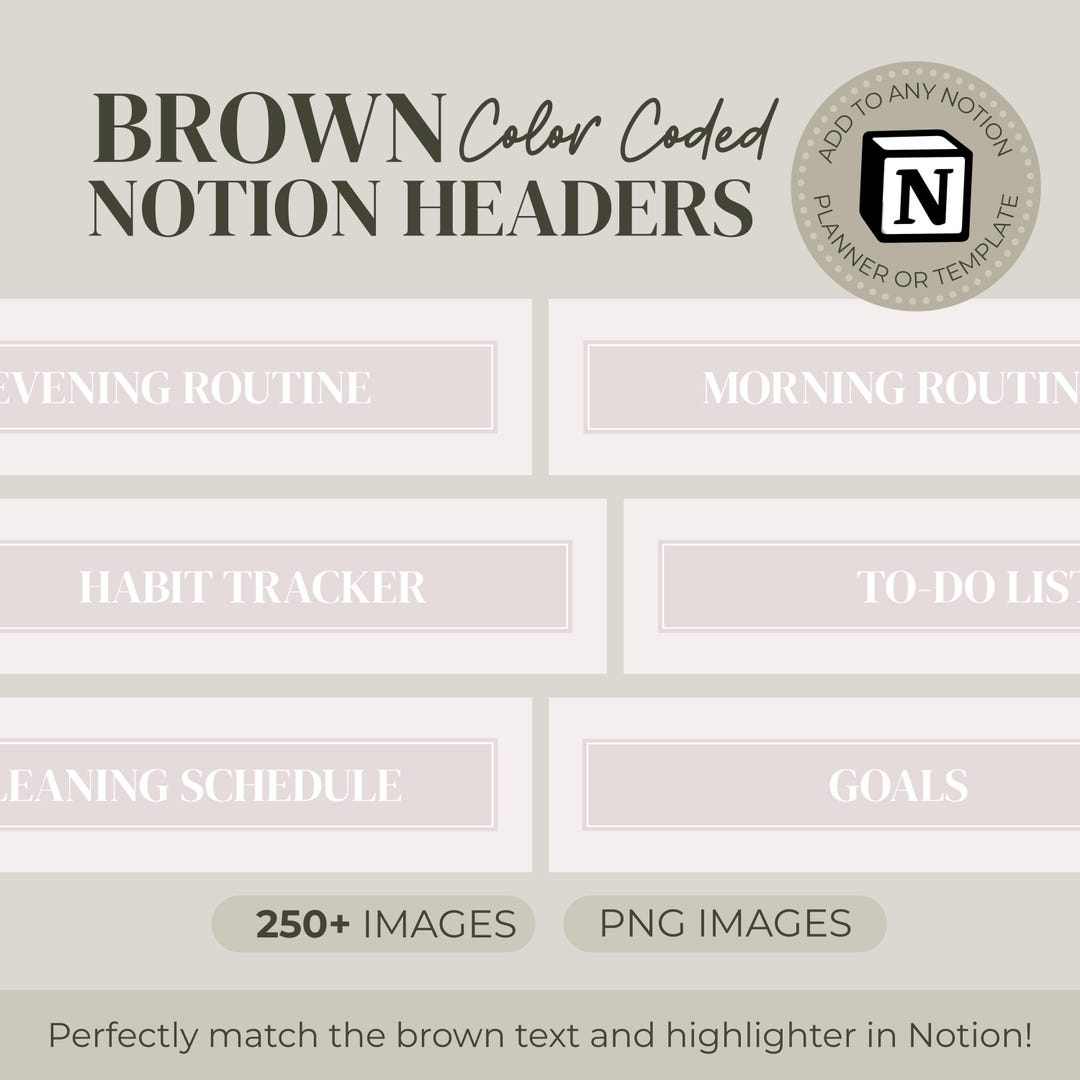 Brown Color Coded Notion Headers | Notion Planner & Template ...