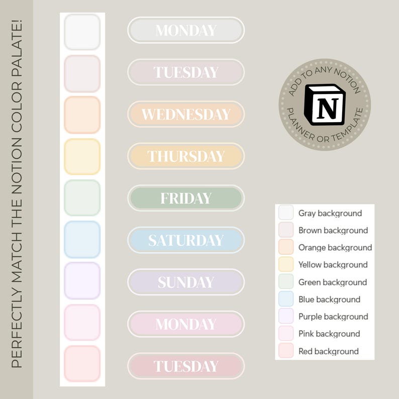 Color Coded Day of Week Notion Labels Bundle| Icons and Headers ...