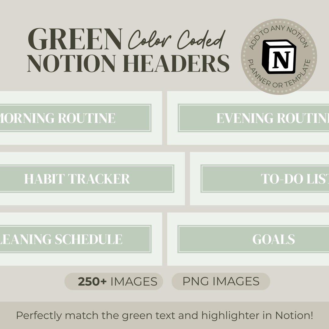 Green Color Coded Notion Headers | Notion Planner & Template ...