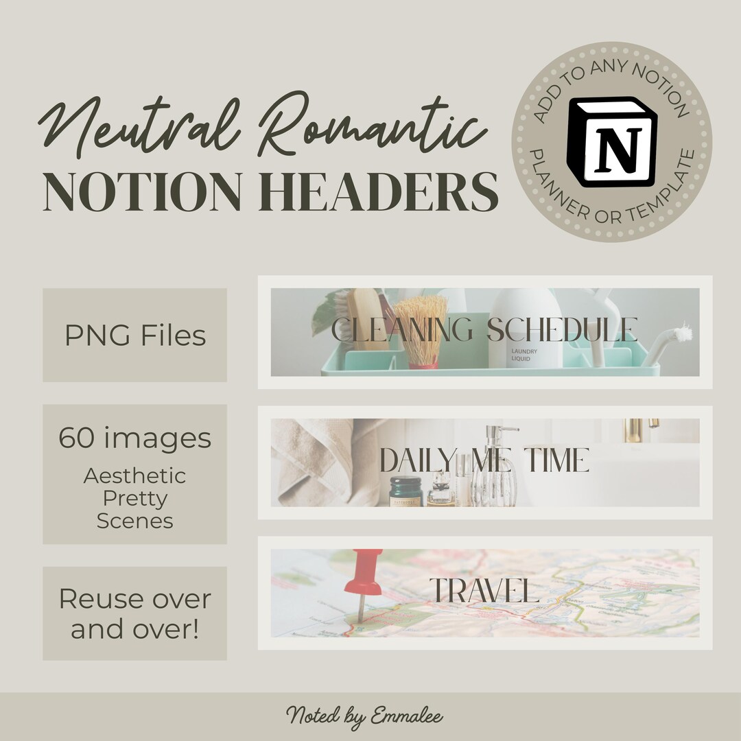 Neutral Romantic Notion Header Images | Digital Planner Organization ...