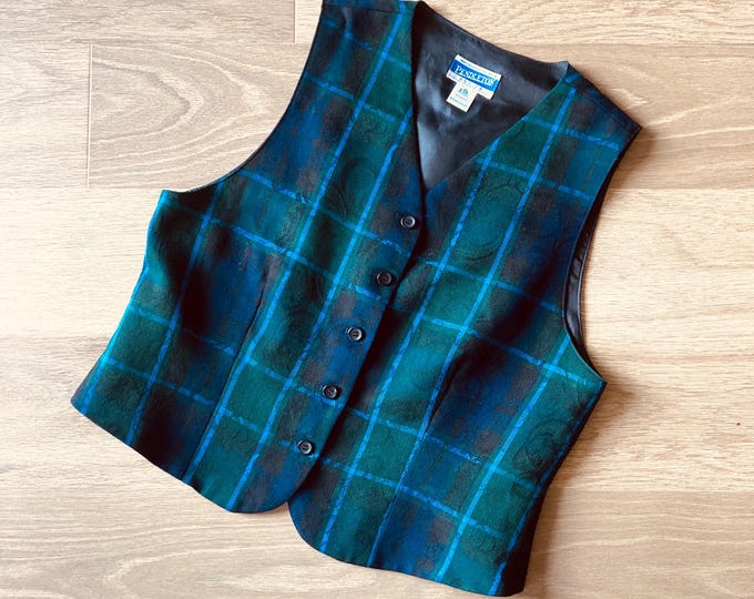 Vintage PENDLETON Wool Vest / Classic Blue Green Plaid Style Botton up ...
