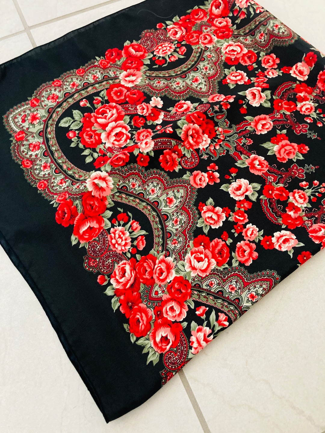 Vintage Red Rose Scarf / 1980s Large Style Square Womans Polyester ...