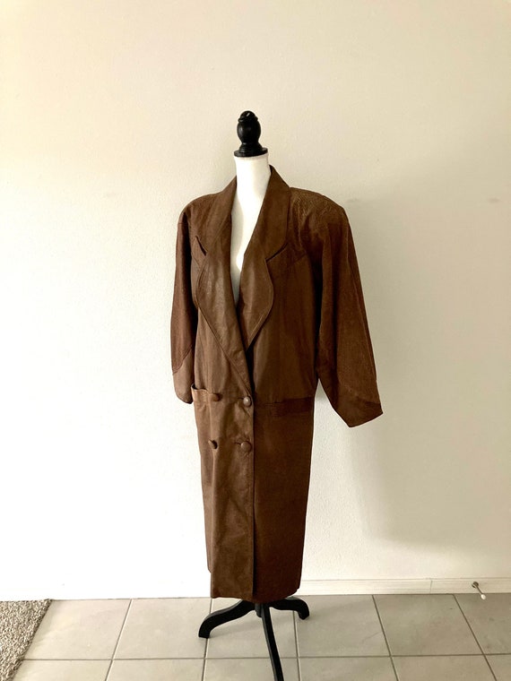 1980’s Drop Waist Leather Coat / Vintage Long Trench … - Gem