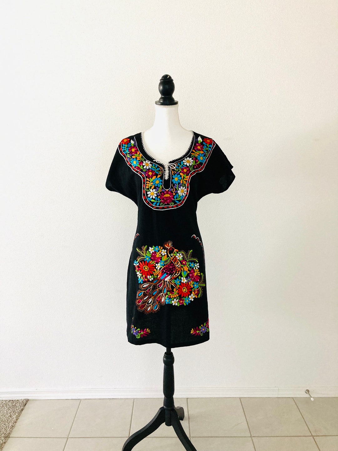 Peacock Mexican Dress / Vintage Black Cotton Linen Summertime Spanish ...
