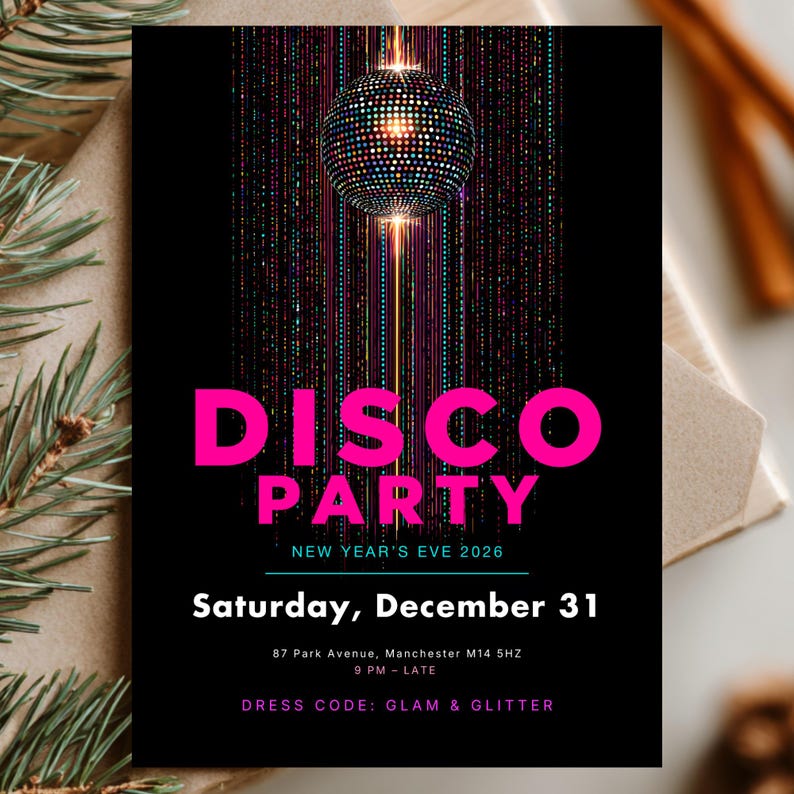 Disco Ball NYE 2026 Invitation Template, Editable Neon Glam Disco Party ...