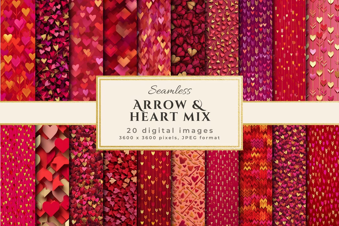 Seamless Hearts Arrows Digital Paper Pack for Valentine's, Romantic Red ...