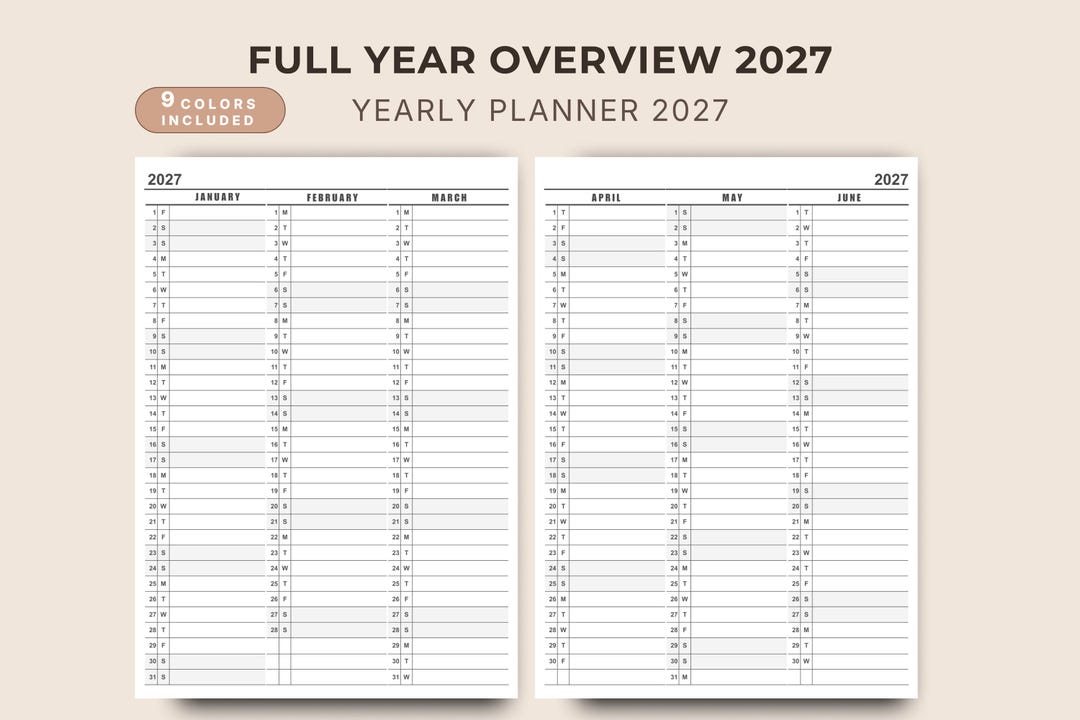 2027 Calendar Planner, Year-end Overview, Printable PDF in 9 Colors - Etsy