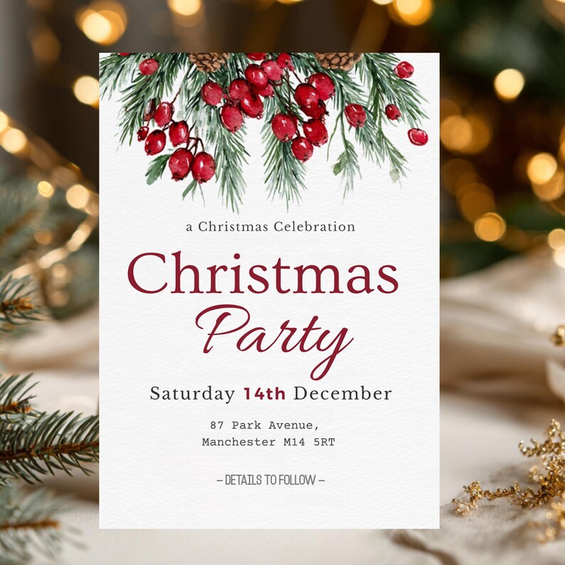 Editable Christmas Party Invitation With Pine & Red Berries, Digital ...