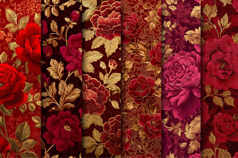 Valentine's Day Red Rose Damask Paper, Seamless Floral Baroque Designs ...