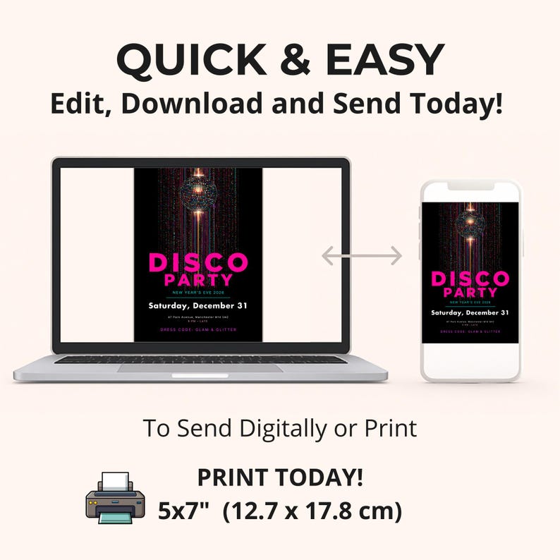 Disco Ball NYE 2026 Invitation Template, Editable Neon Glam Disco Party ...