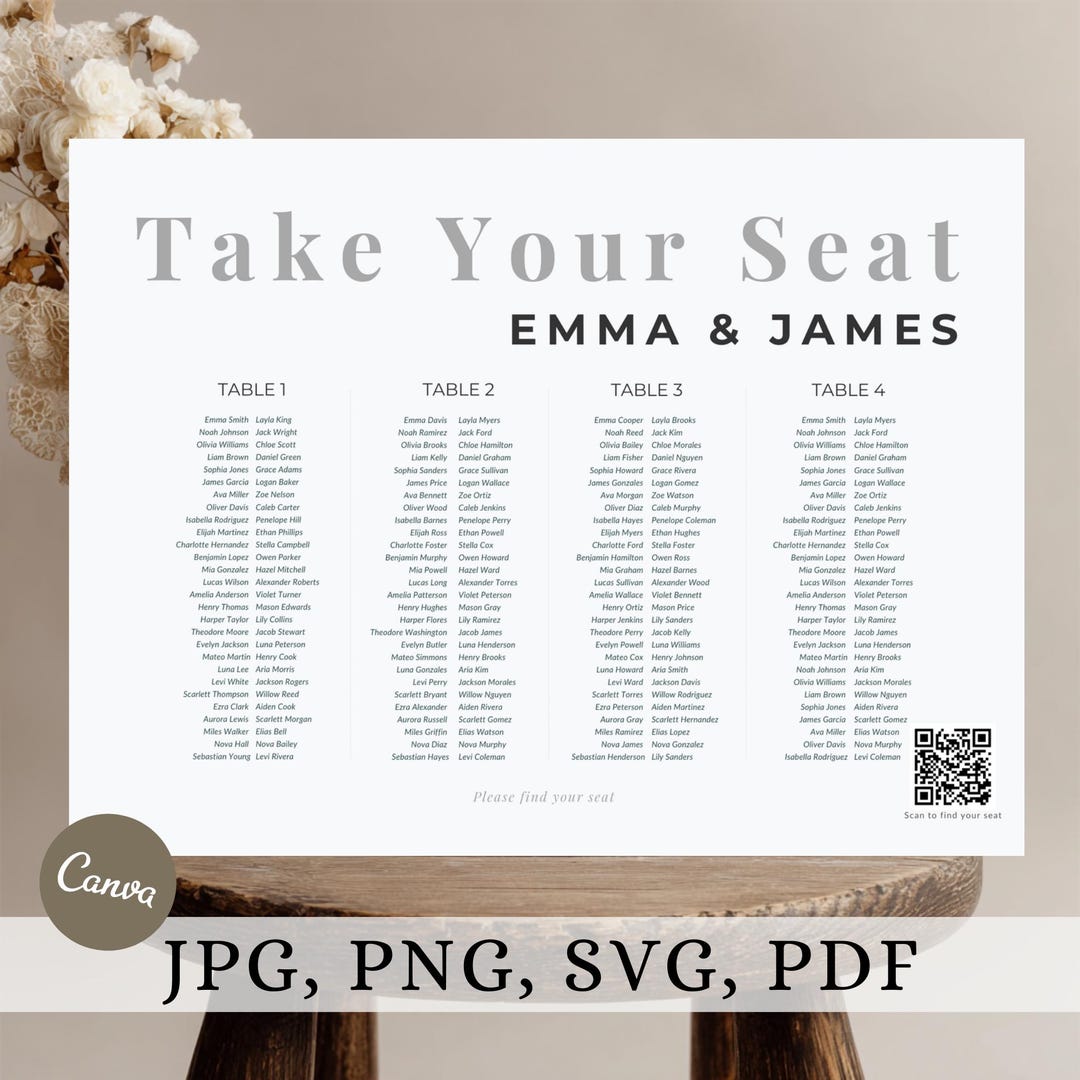 Minimalist QR Code Seating Chart, Editable Canva Template for Weddings ...