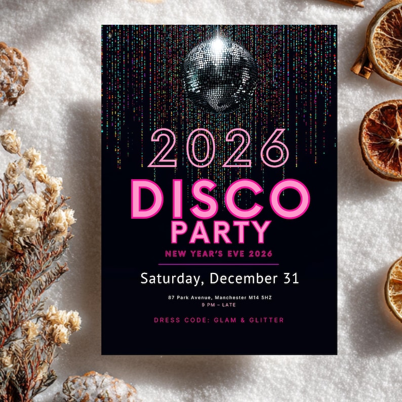 Neon Disco Party 2026 New Year's Eve Invitation, Editable Canva Glitter ...